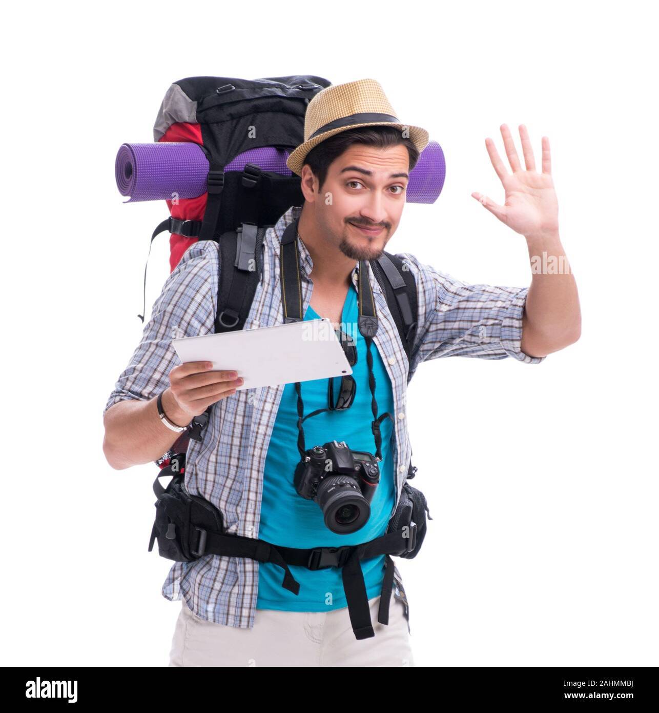 The man lost and looking for direction with map on white Stock Photo ...