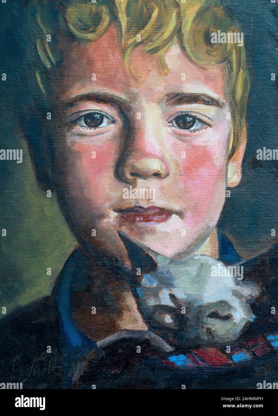 Boy Portrait with Cat Oil Painting Close Up Stock Photo - Alamy