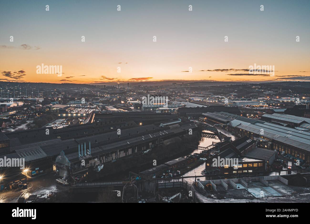 Industrial Sheffield City aerial view at sunset showing warehouses and ...