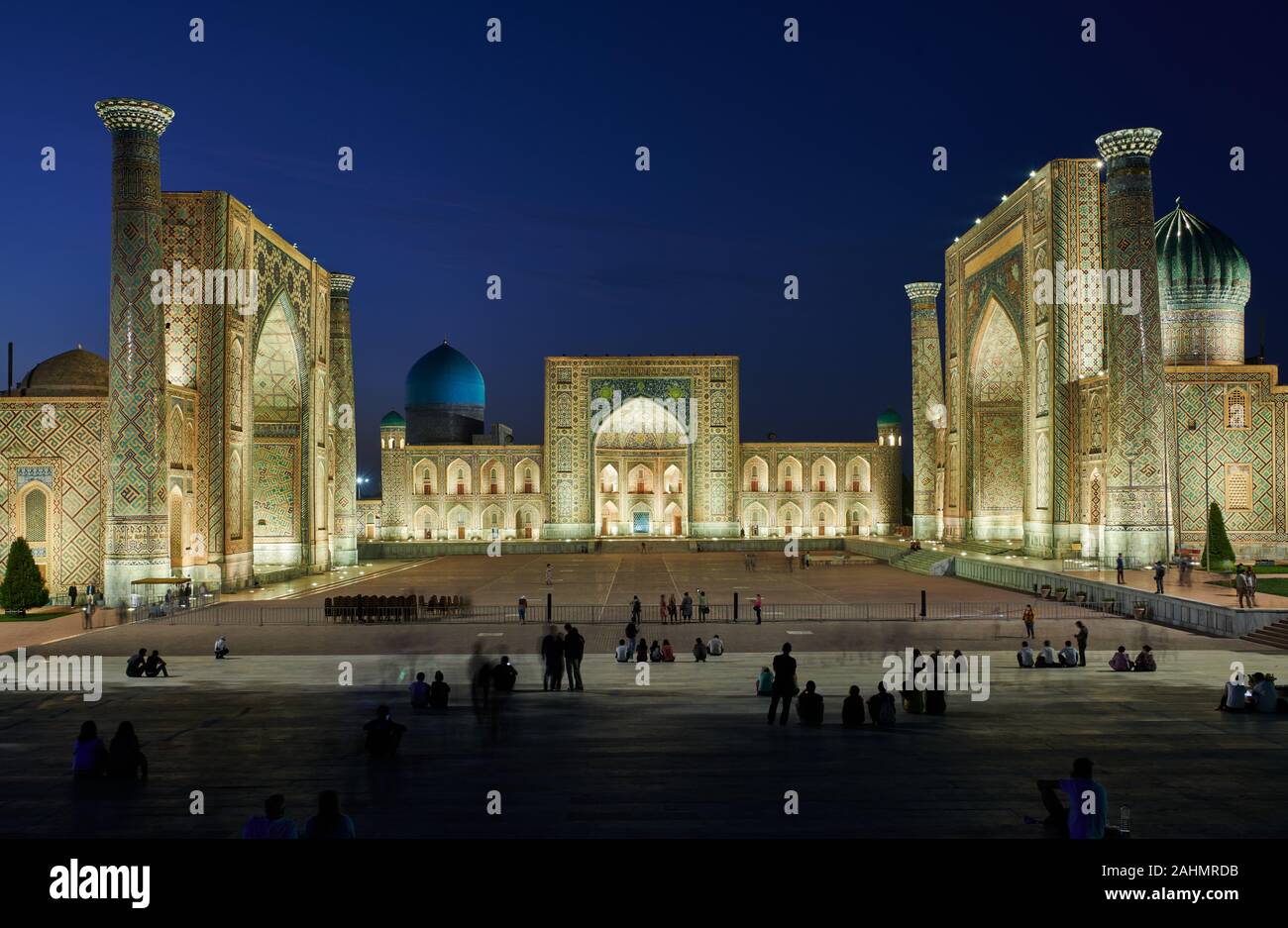 illuminated famous Registan of Samarkand, Uzbekistan, Central Asia ...
