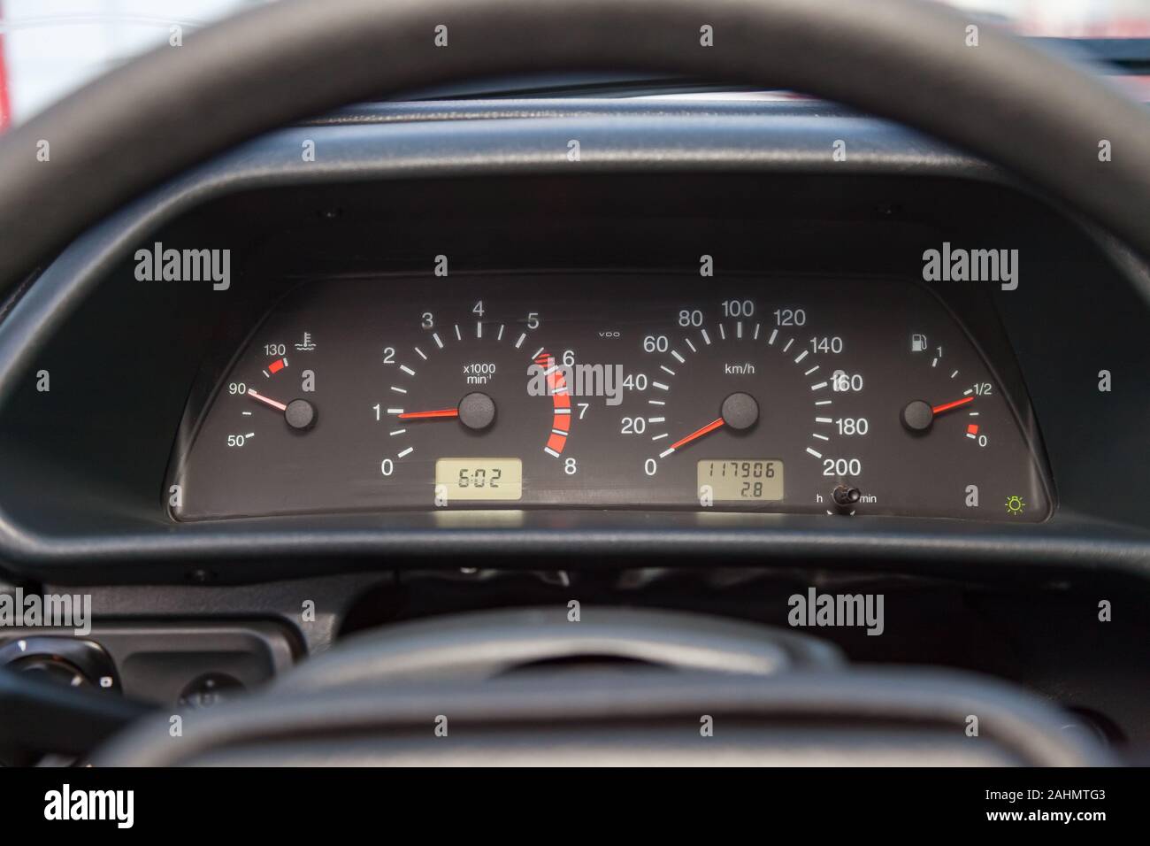 Vintage retro car dashboard with analog speedometer, tachometer and ...