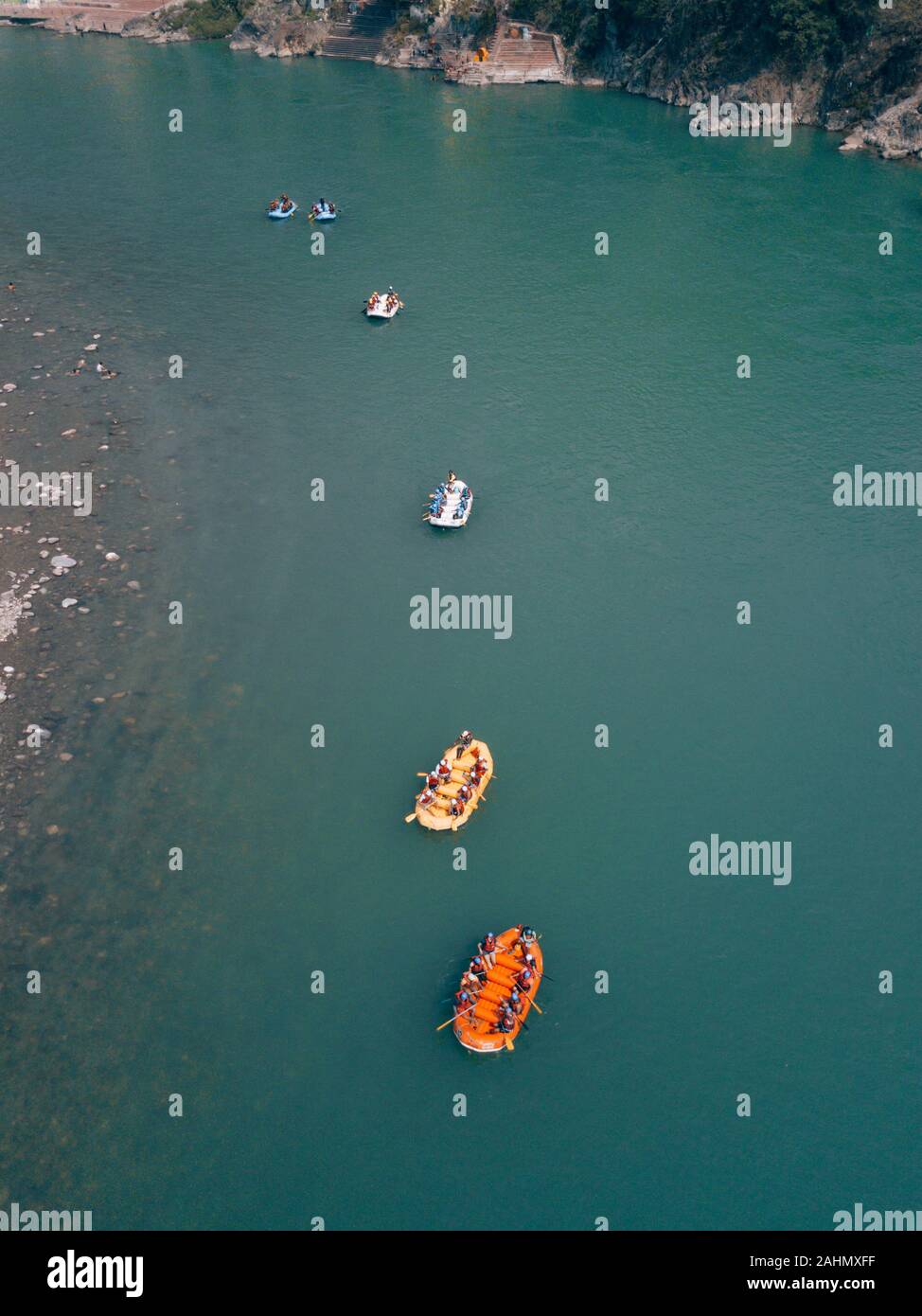 View From Above People River Rafting In The Ganges River In India With ...