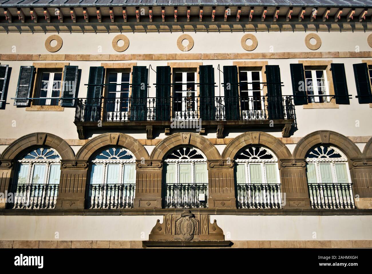 Facade part of Royal Collegiate, religious building in Roncevaux ...