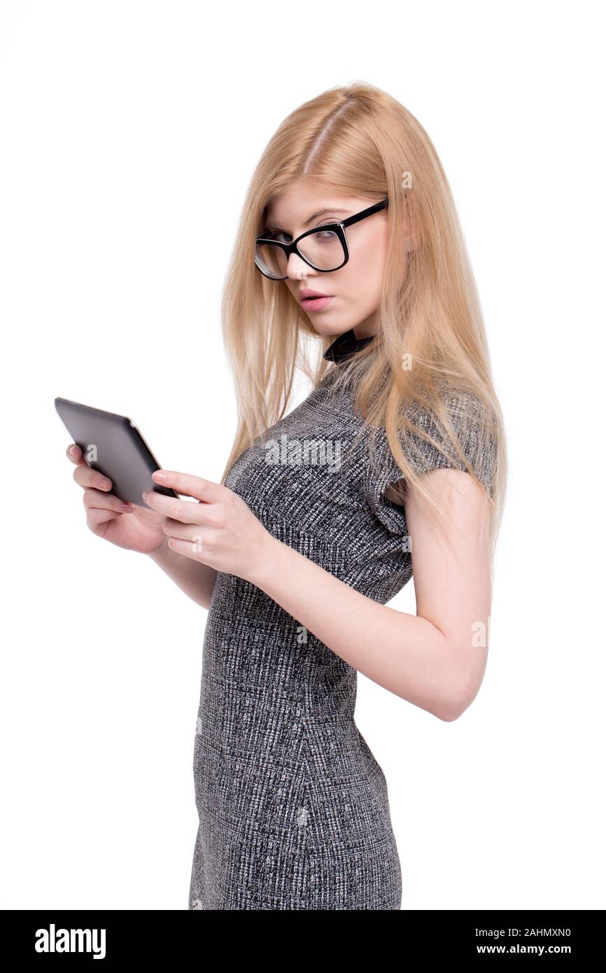 Young smart blonde woman using digital tablet, isolated on white Stock ...