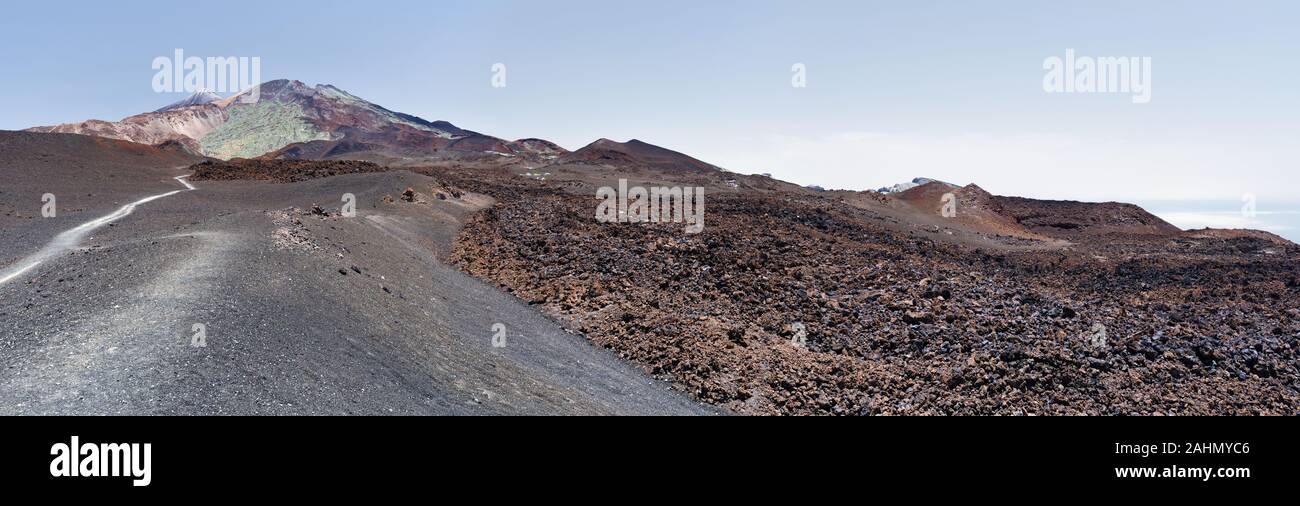 Panorama of the volcanic lava slope and craters of Pico Viejo situated ...