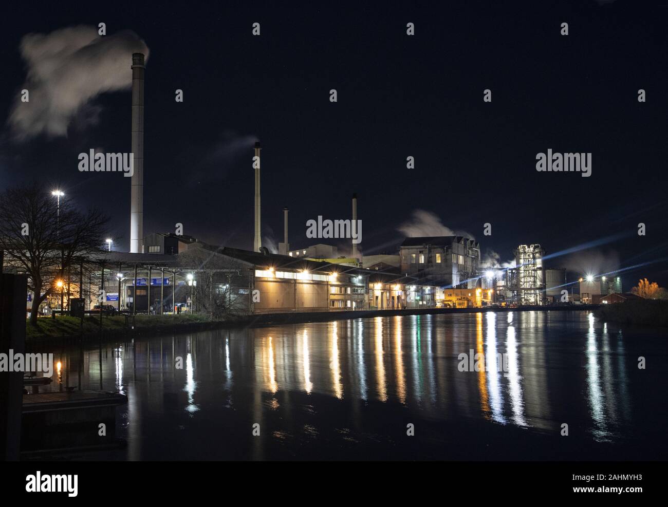Cantley sugar beet factory working through the dark hours, reflected ...