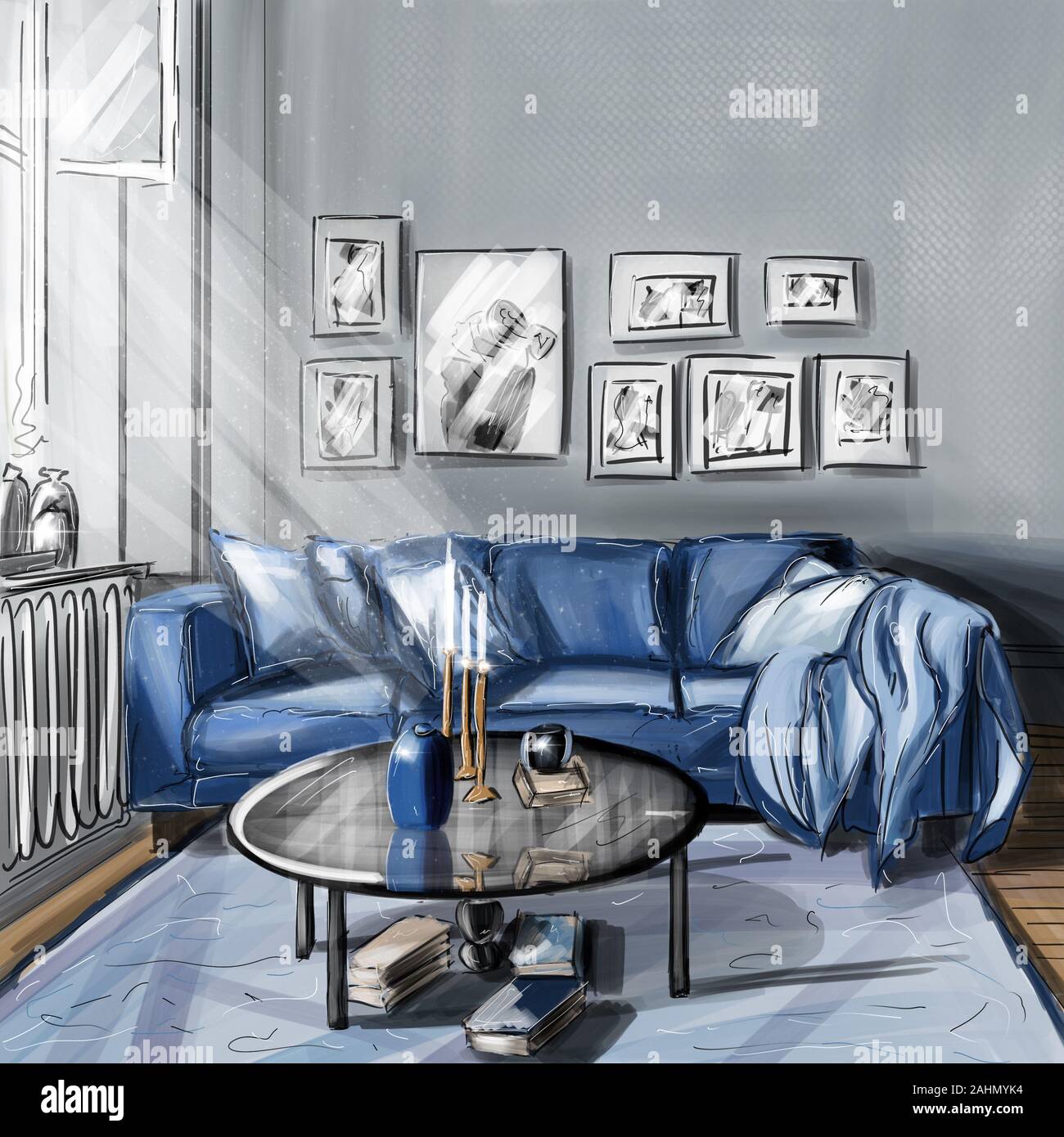 Hand drawn sketch of a decorated living room in classical style with ...