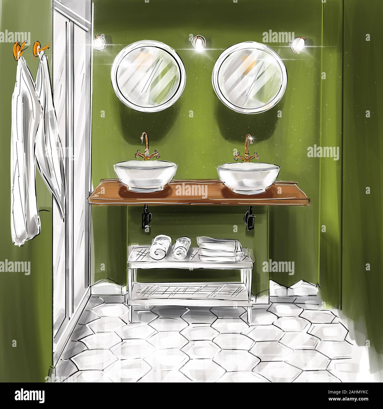 Hand drawn sketch of a cozy bathroom with green walls and octagonal ...