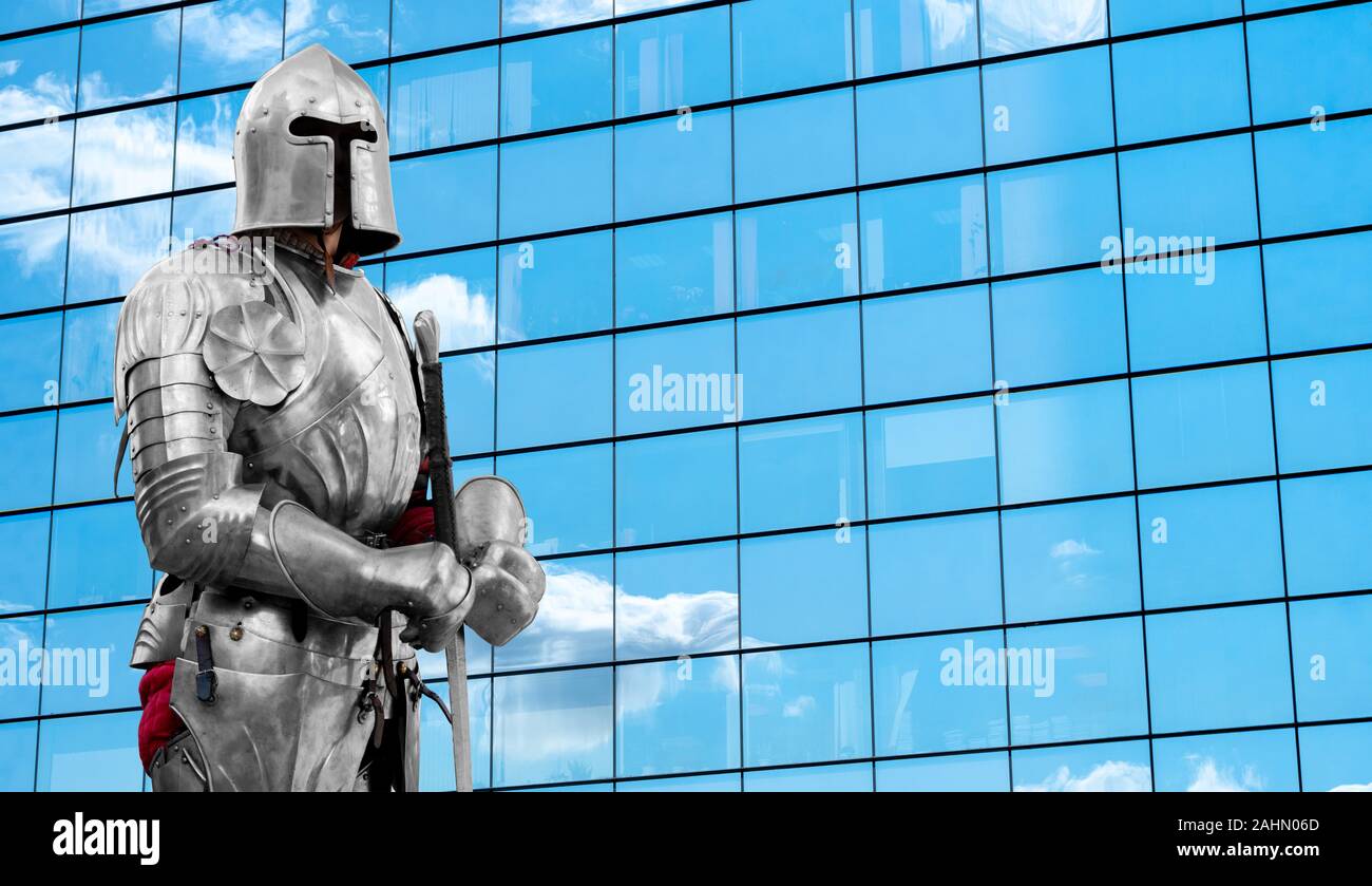 Knight in shiny metal armor. Reliable security and insurance. Copy ...