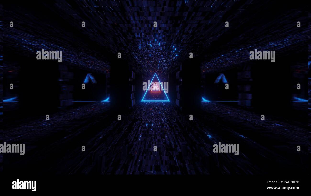 glowing wire-frame triangle with technical reflective tunnel corridor ...