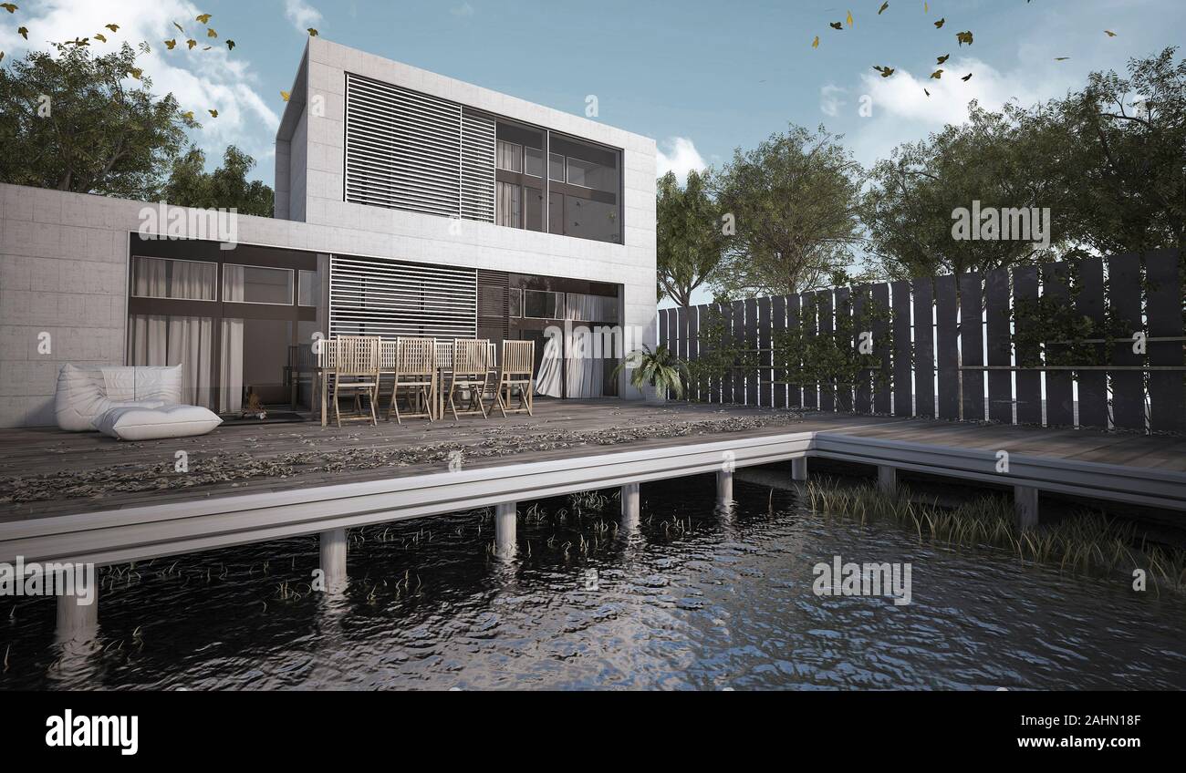 3D rendering modern house with terrace at day Stock Photo - Alamy
