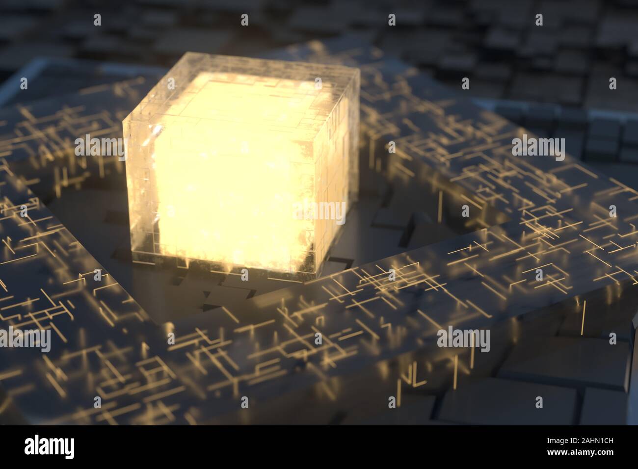 Luminous cube and circuits, black cubes, 3d rendering. Computer digital ...