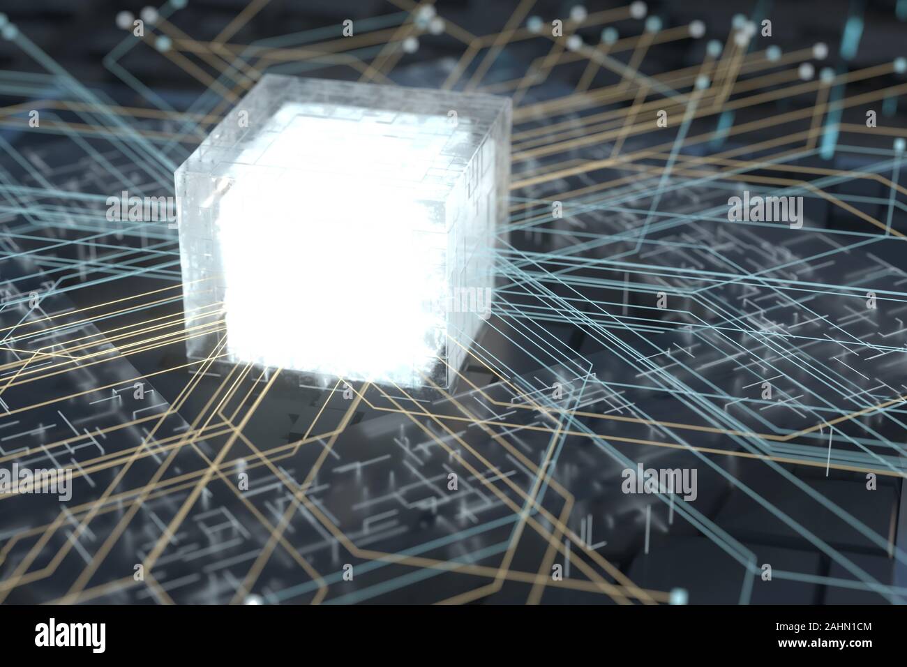 Luminous cube and circuits, black cubes, 3d rendering. Computer digital ...