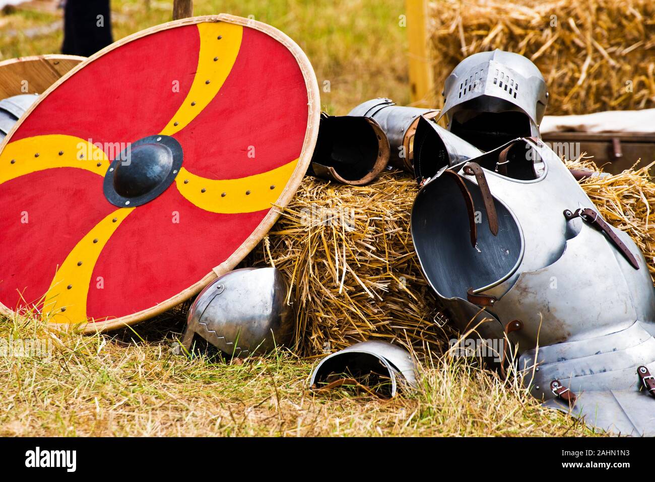Parts of medieval knight armor and round loop Stock Photo - Alamy