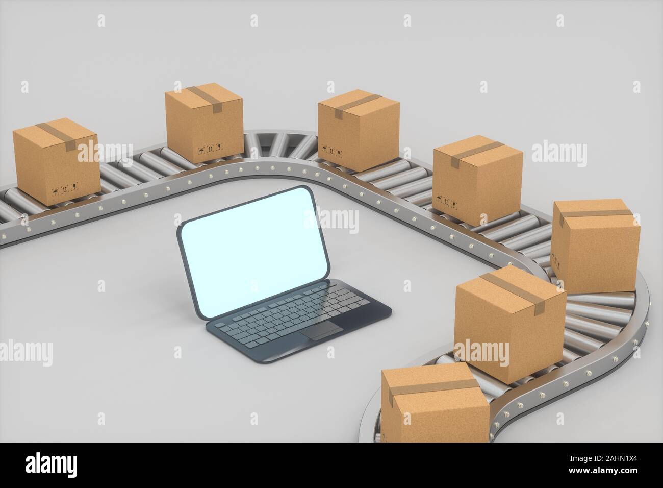 Boxes moving on the conveyor belt, laptop and conveyor belt ,3d ...
