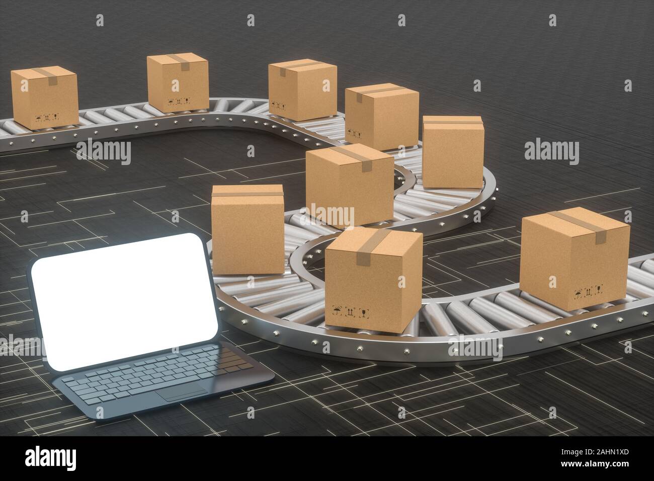 Boxes moving on the conveyor belt, laptop and conveyor belt ,3d ...