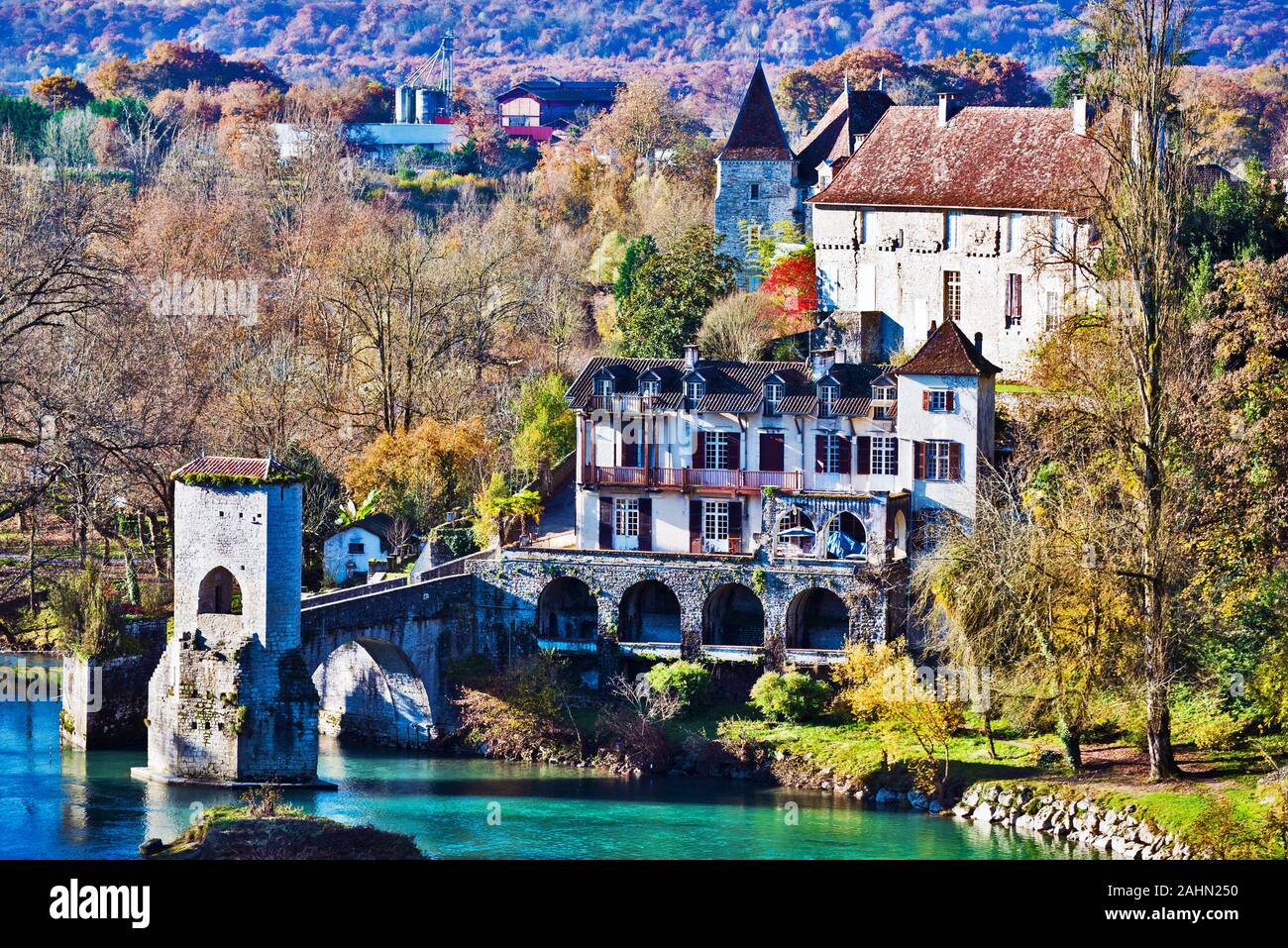 Legend Bridge, or Pont de la Legende over Gave Oloron river seen from ...