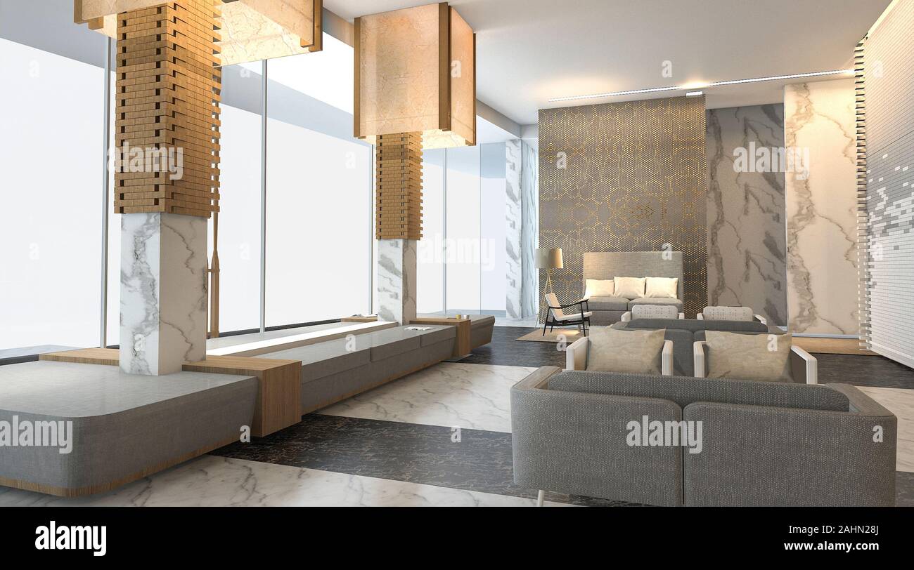 3d rendering beautiful and luxury hotel lobby with nice wall texture ...