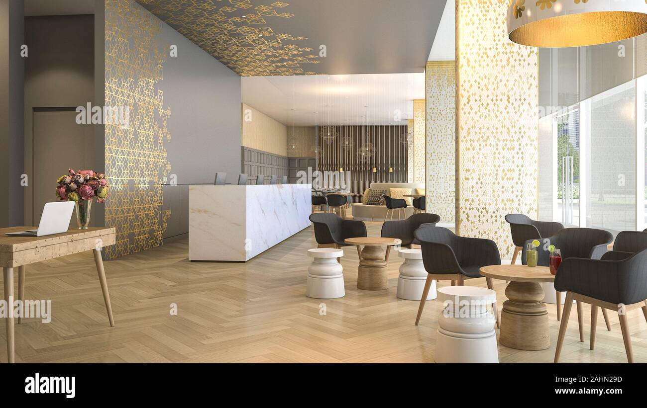 3d rendering luxury hotel reception and lounge Stock Photo - Alamy