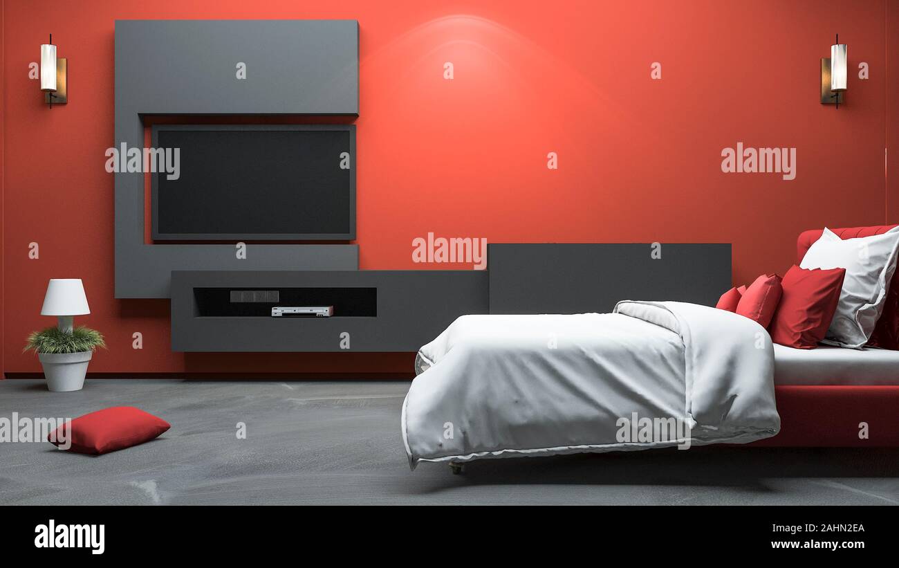 3d rendering red modern style bedroom with built in design Stock Photo ...