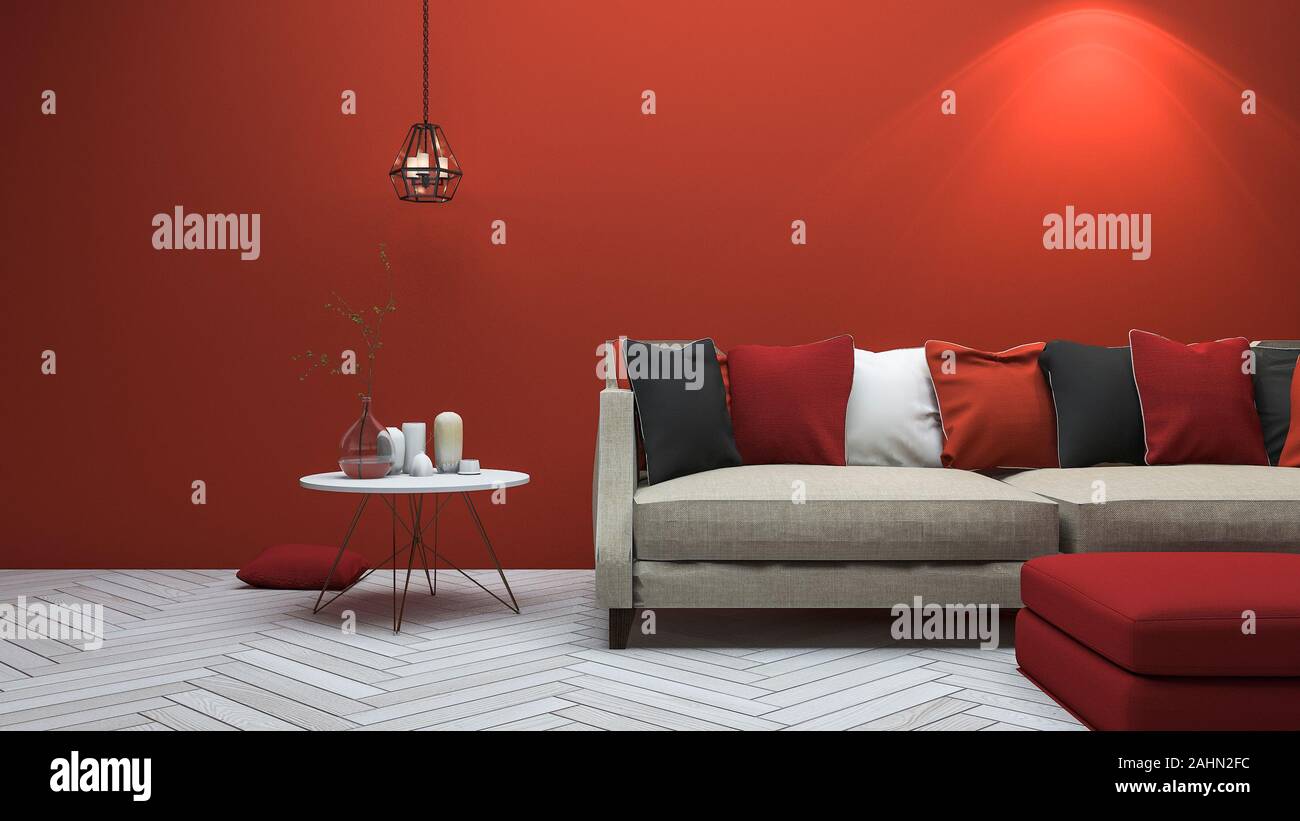 3d rendering red modern style living room with minimal decor Stock ...