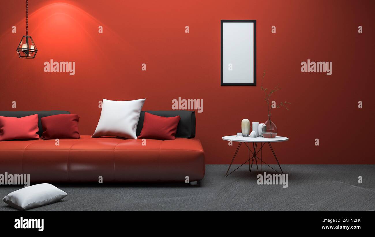 3d rendering red modern style living room with nice decor Stock Photo ...
