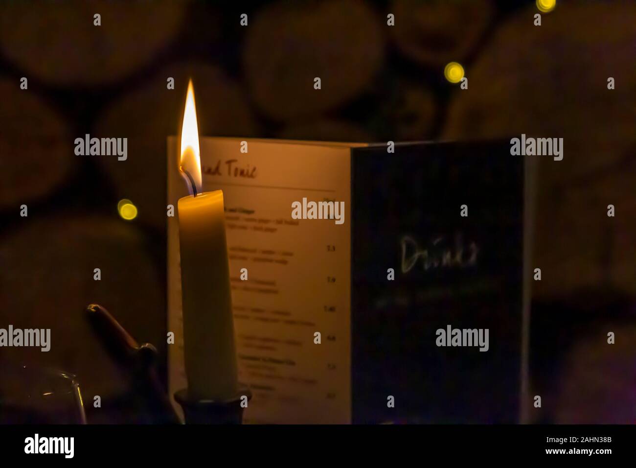 Candle alight in the brasserie in The Swan Hotel, Bibury, Gloustershire ...