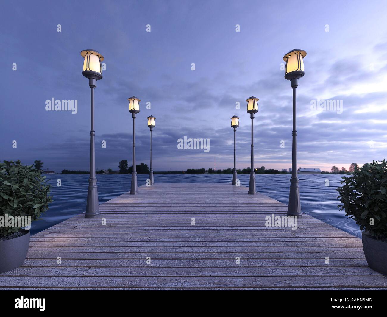 3d rendering wood pier near sea with lamp post in twilight scene Stock ...