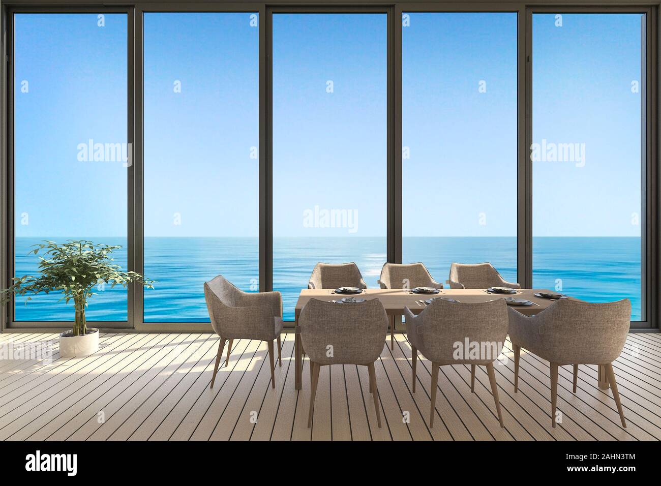 3d rendering dining room with nice sea view Stock Photo - Alamy