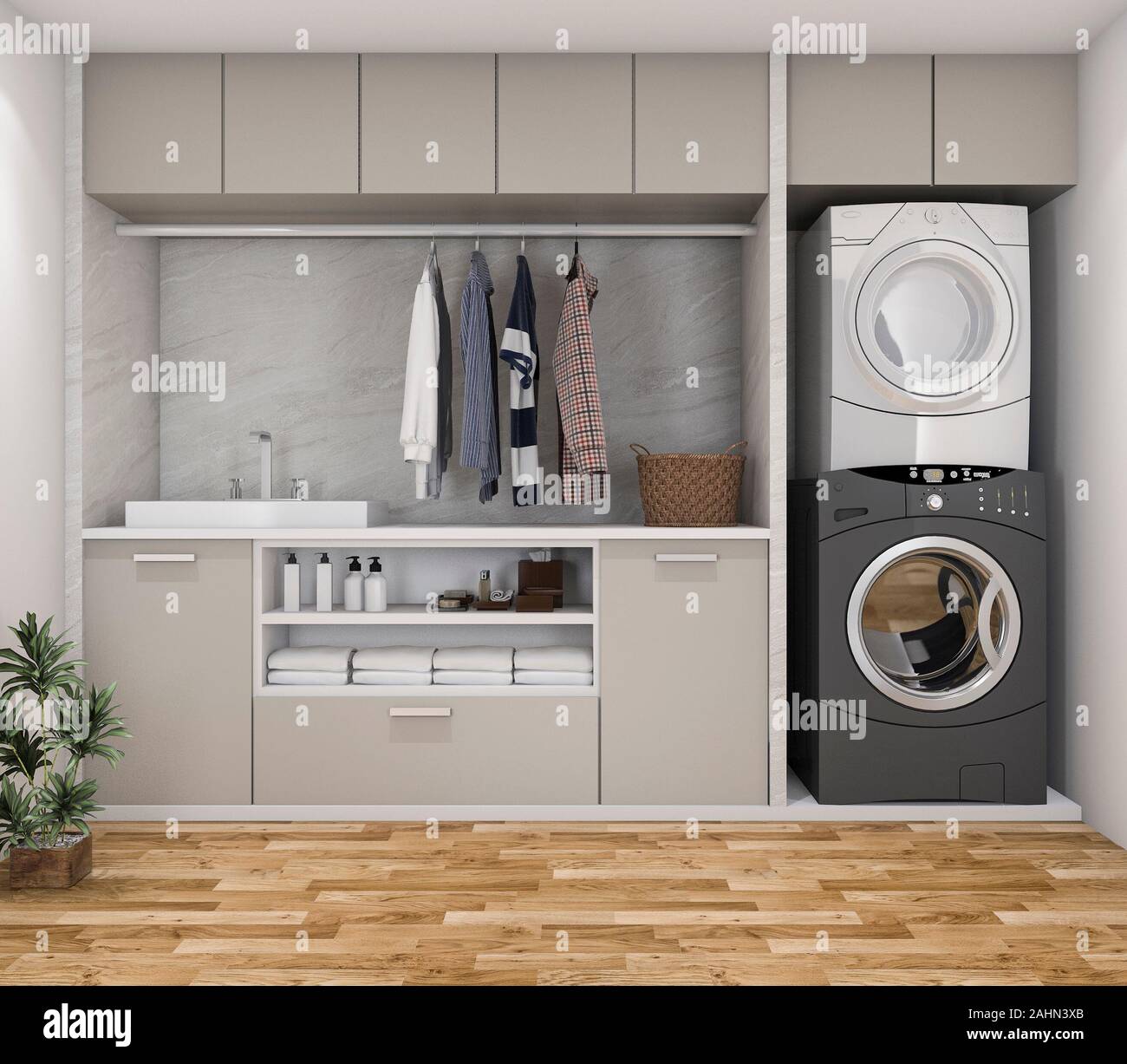3d rendering wood minimal laundry room with plant Stock Photo - Alamy