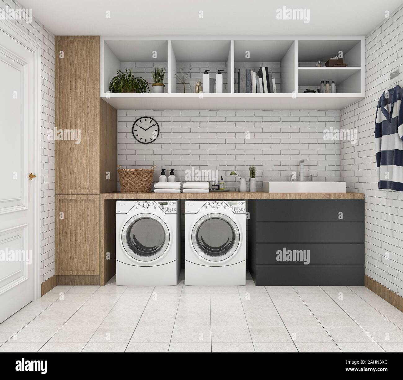 3d rendering wood minimal laundry room with shelf and plant Stock Photo - Alamy