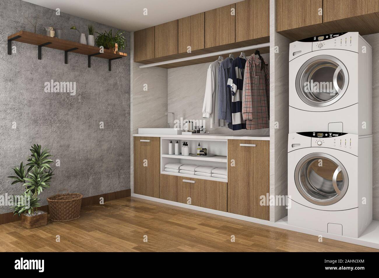3d rendering wood laundry room with concrete wall Stock Photo - Alamy