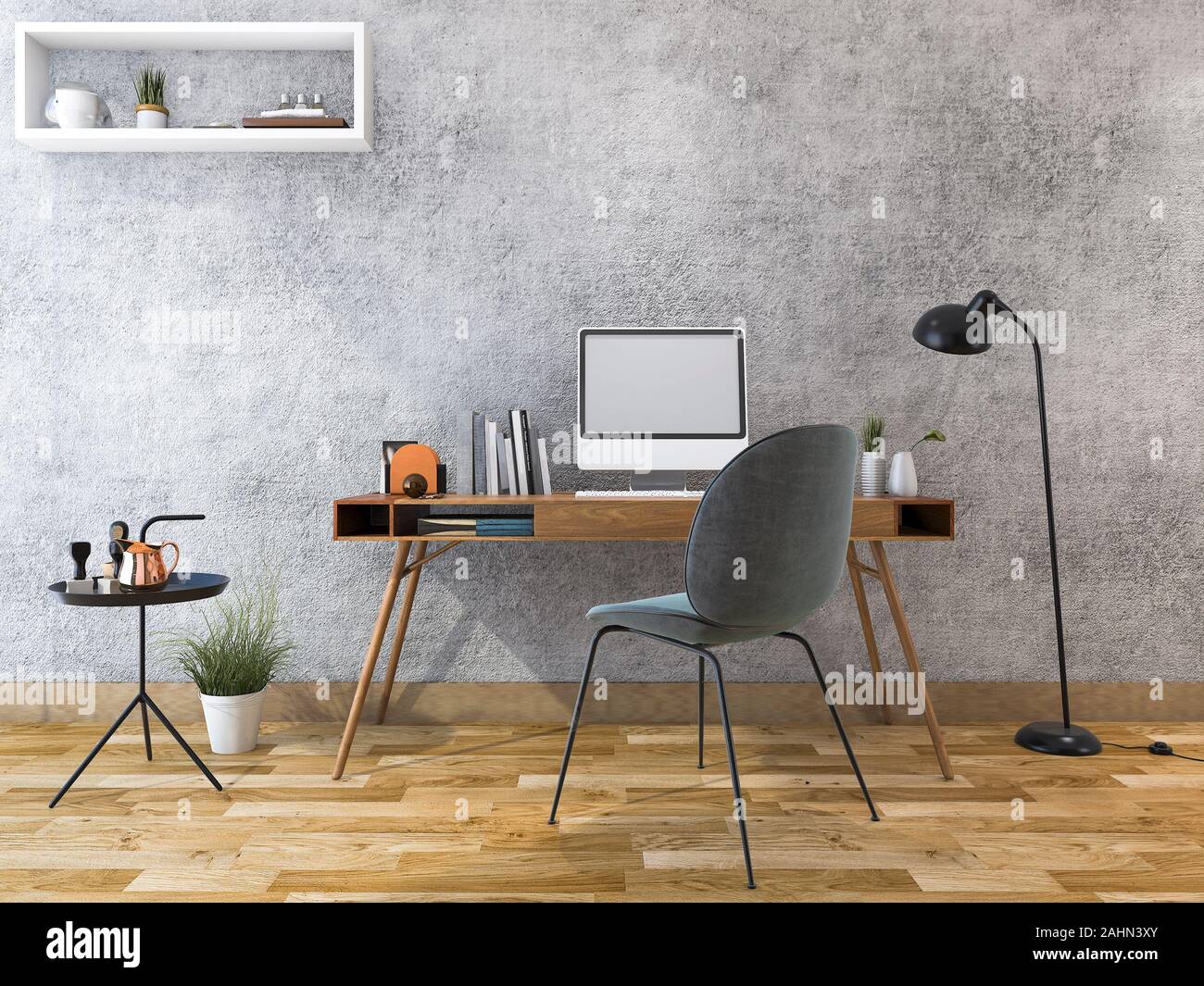 3d rendering loft working room with computer and book Stock Photo - Alamy
