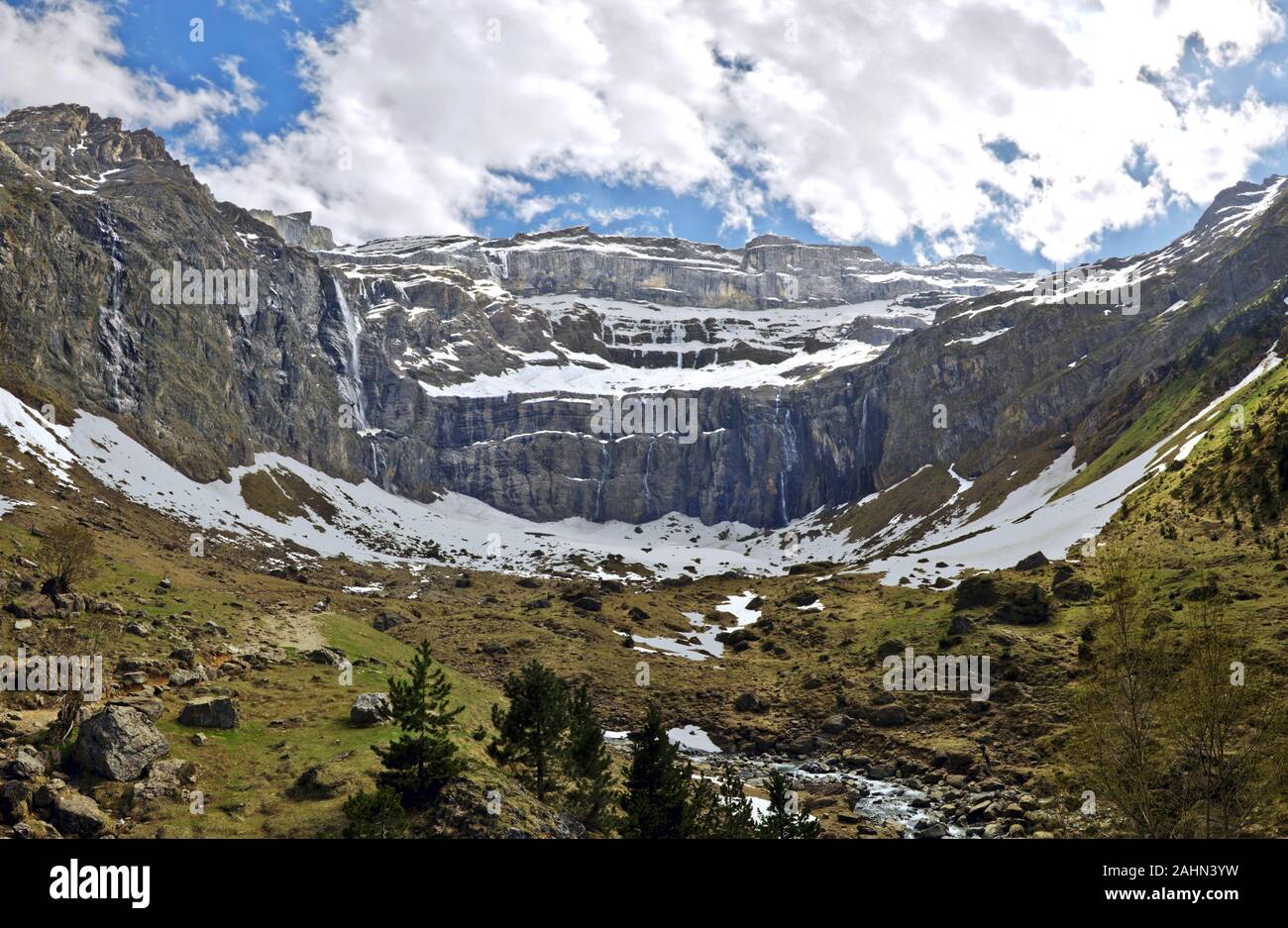 Panorama of famous Gavarnie Circus with waterfalls, glacier and rivers ...