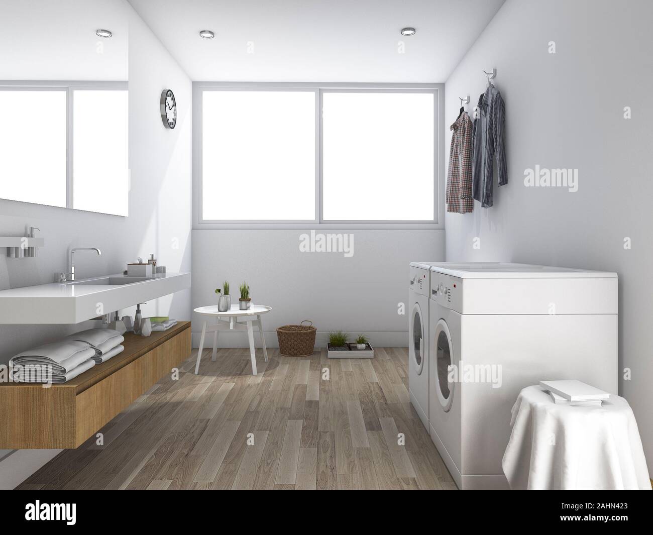 3d rendering white laundry room with minimal design Stock Photo - Alamy