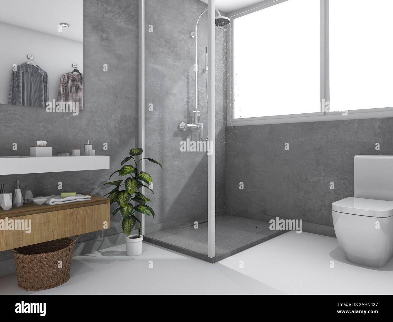 3d rendering loft concrete wall toilet and bathroom Stock Photo - Alamy