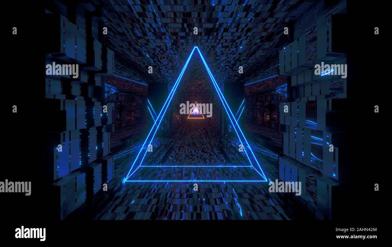 glowing wire-frame triangle with technical reflective tunnel corridor ...