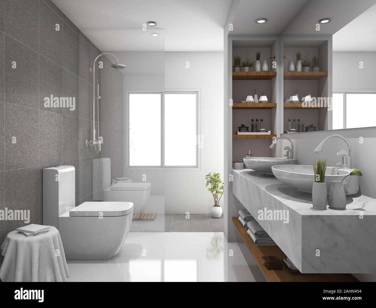 3d rendering modern design and marble tile toilet and bathroom Stock ...