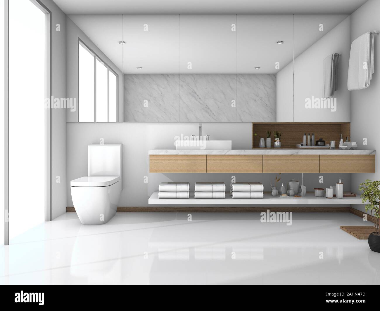 3d rendering white minimal toilet with light from window Stock Photo ...