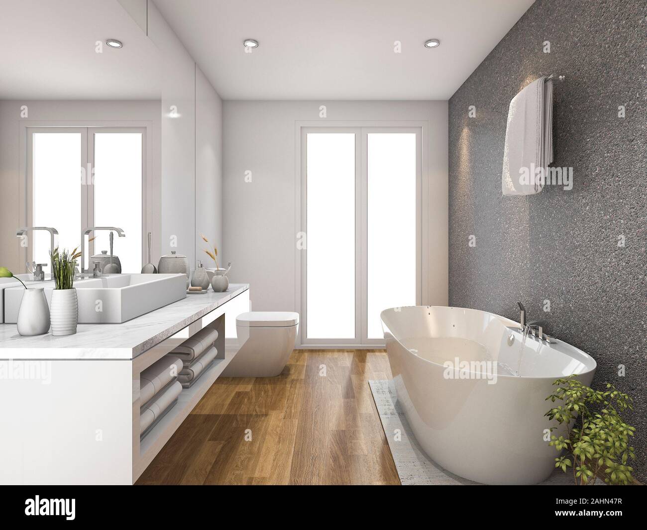 3d rendering wood bathroom and toilet with daylight from window Stock ...
