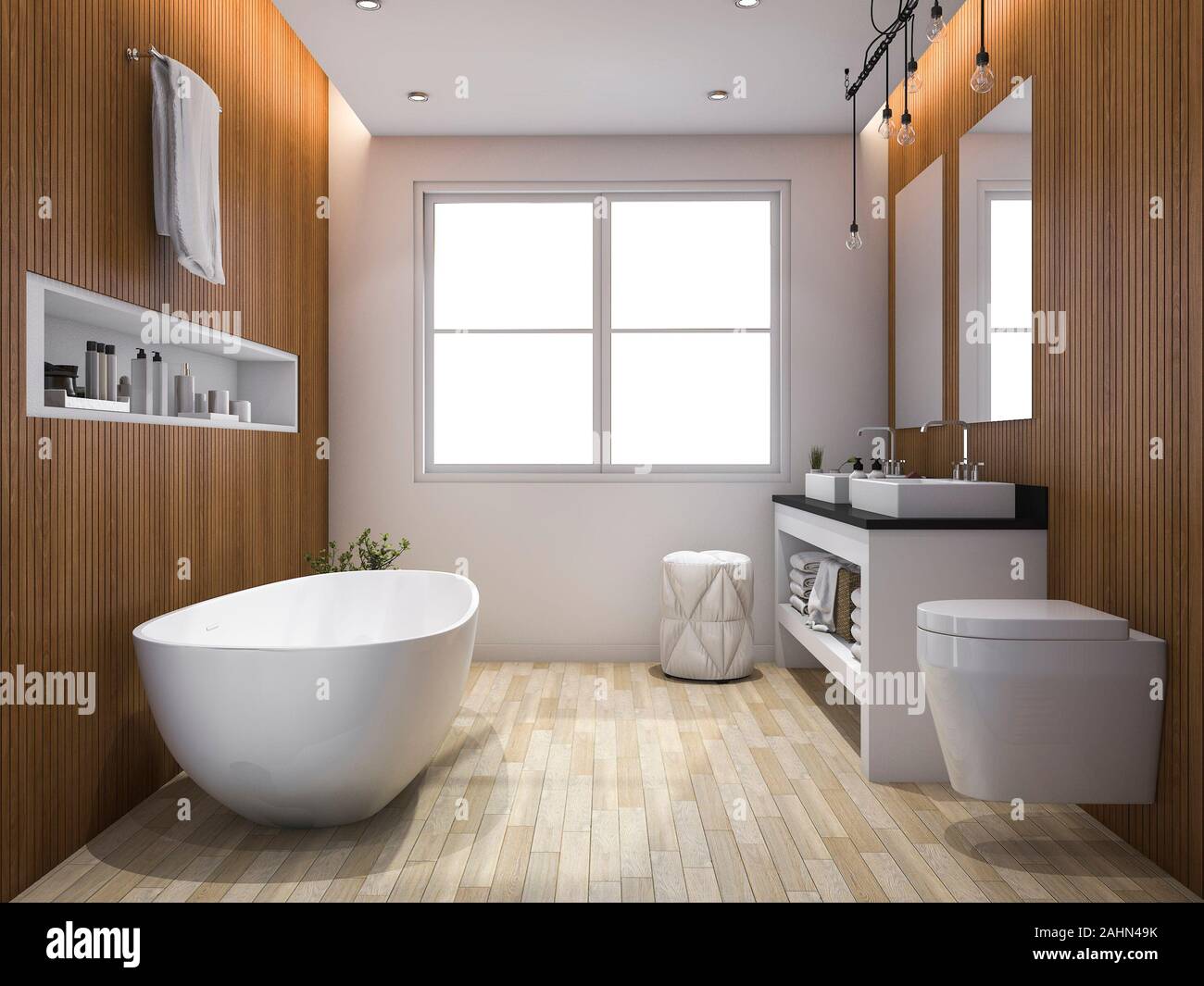 3d rendering luxury wood style bathroom and toilet Stock Photo - Alamy