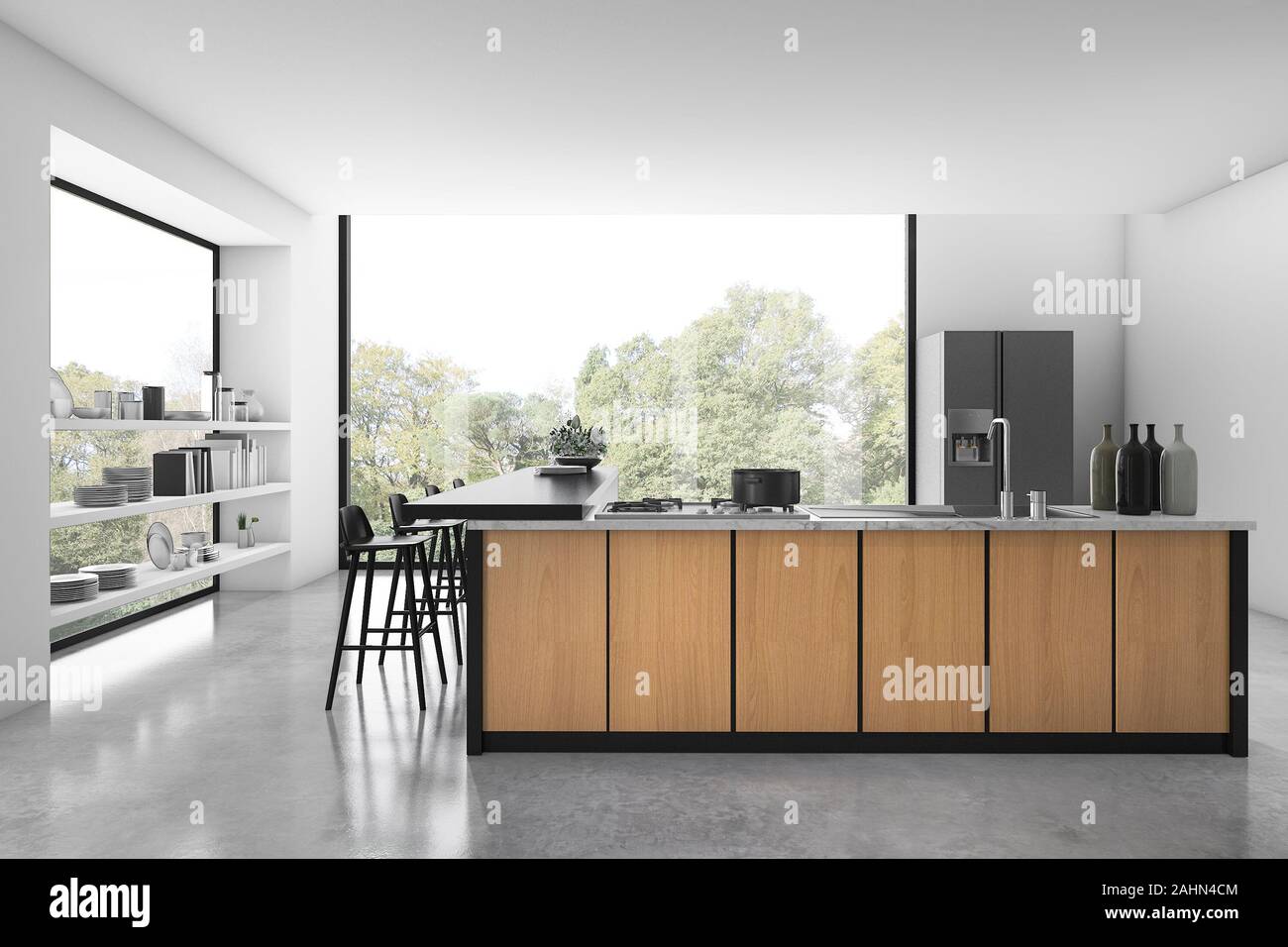 3d rendering white loft kitchen with wood decor and view from window ...