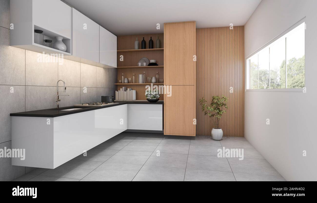 3d rendering contemporary wood kitchen with window Stock Photo - Alamy
