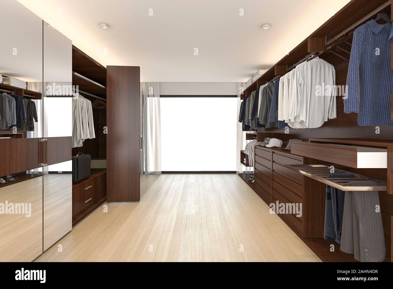 3d rendering beautiful wood horizontal wardrobe and walk in closet near ...