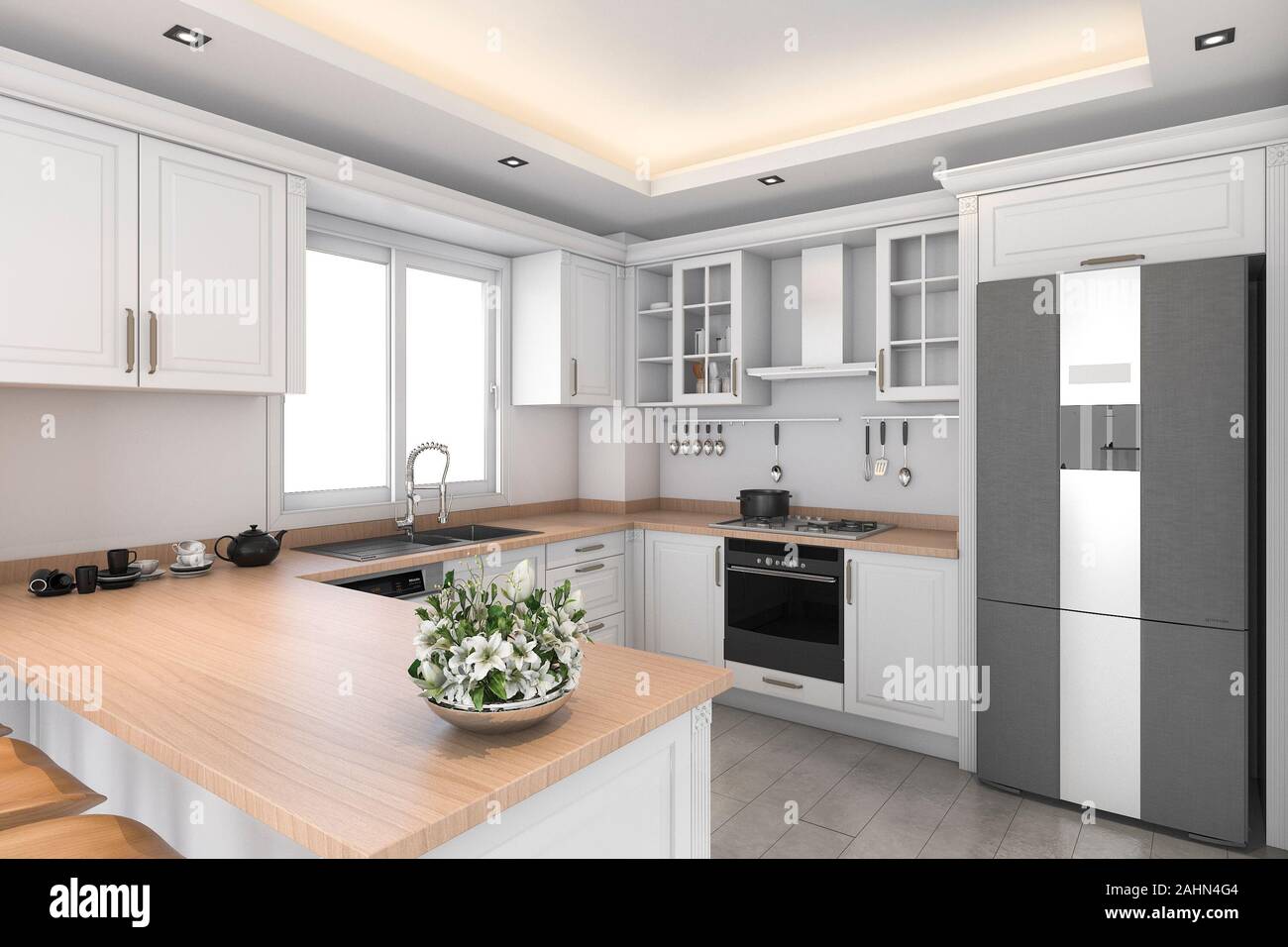 3d rendering classic design white kitchen and dining room Stock Photo ...