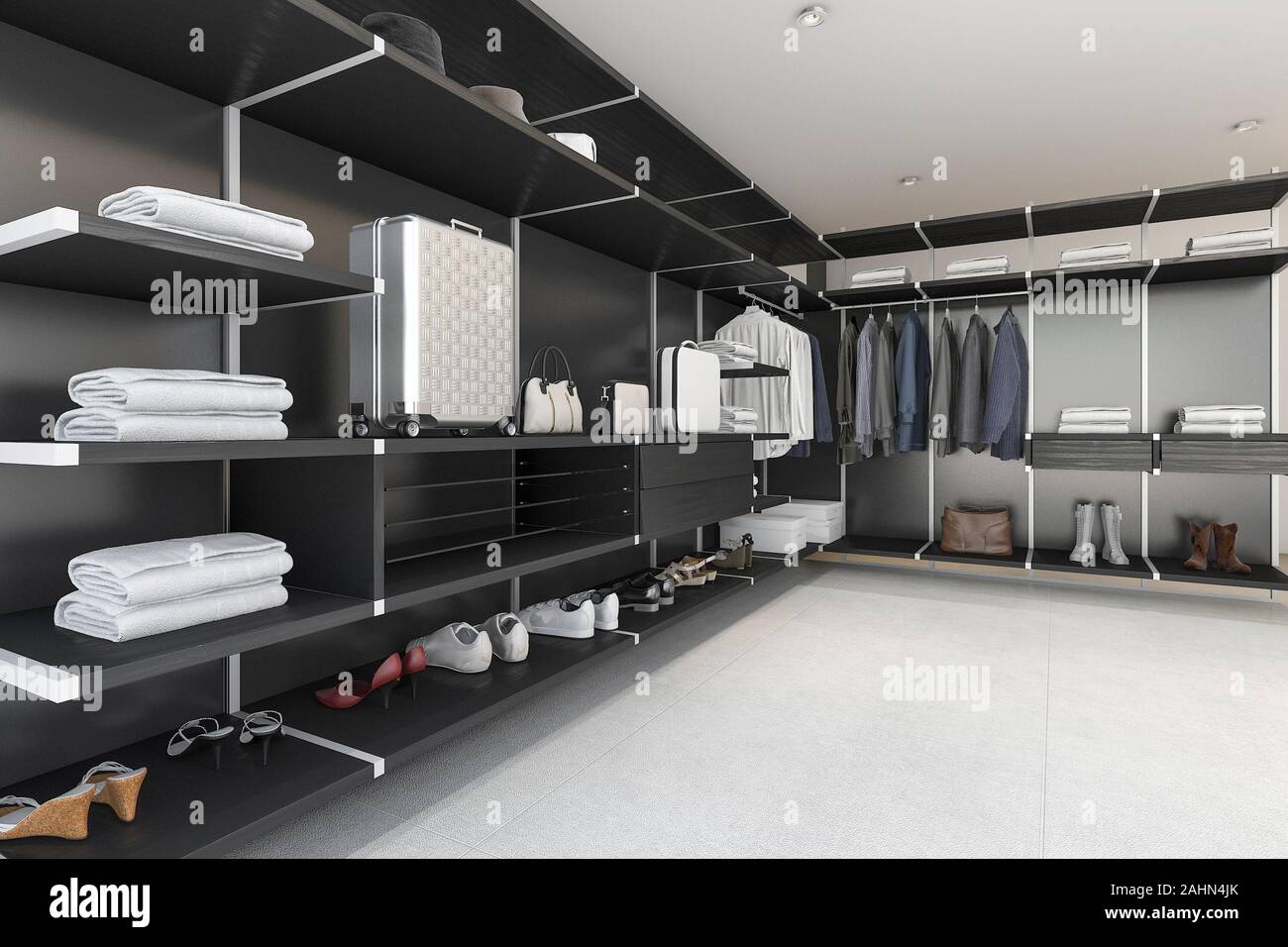 3d rendering loft dark walk in closet and living room Stock Photo - Alamy