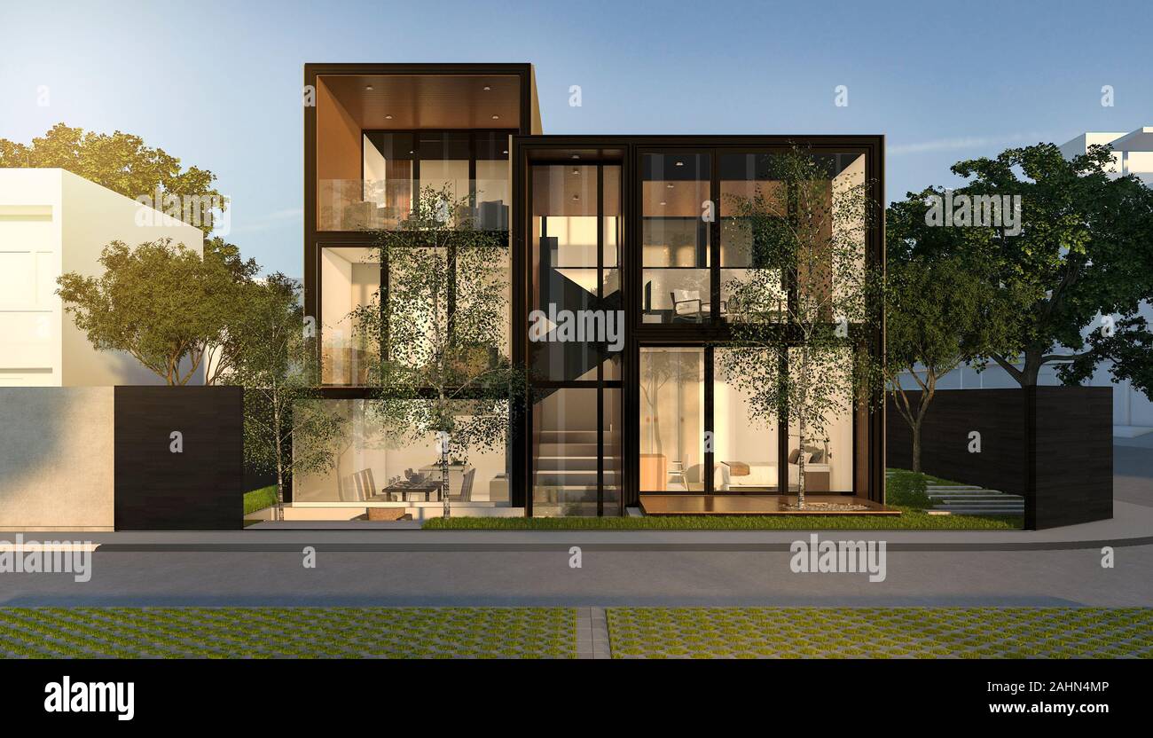 3d rendering black minimal wood and black house Stock Photo - Alamy