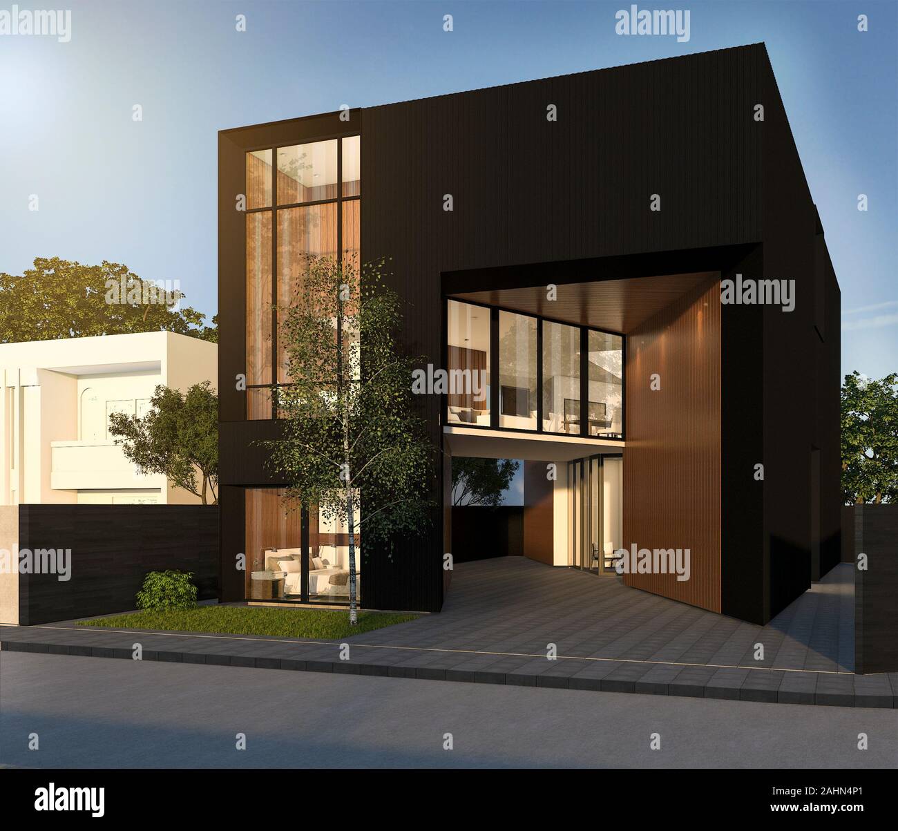 3d rendering black minimal wood and black house Stock Photo - Alamy