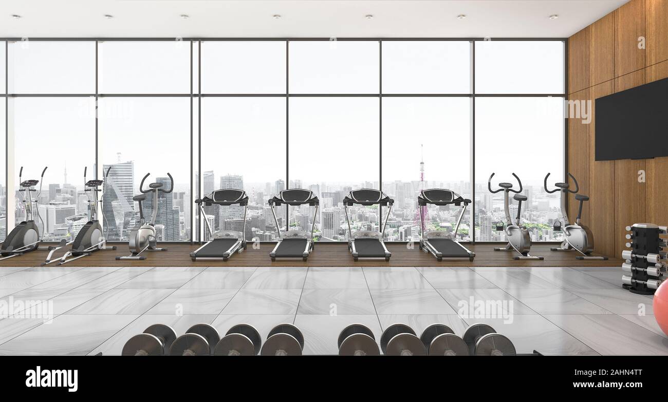 3d rendering long city view window in fitness and gym Stock Photo - Alamy
