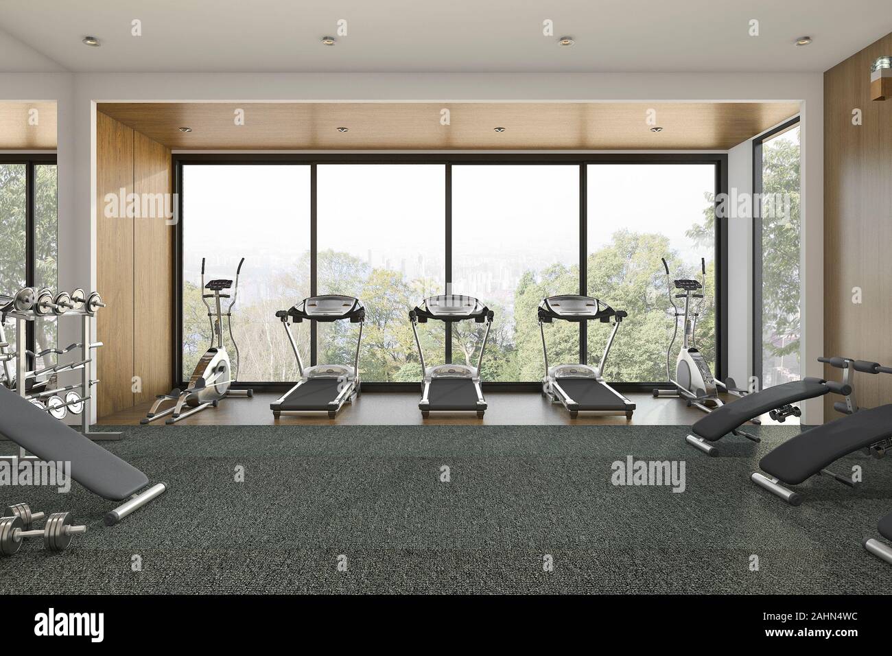 3d rendering nice garden view wood gym and fitness Stock Photo - Alamy